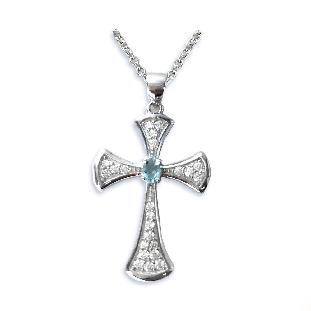 Sterling Silver Flared Cross with Blue Crystal – The Catholic Gift Store