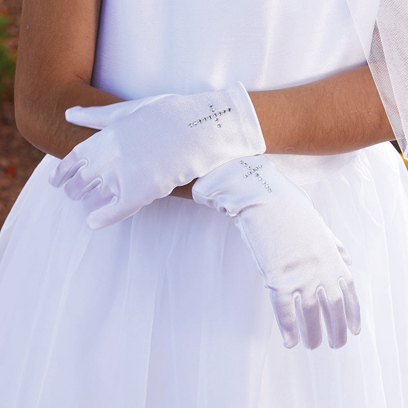 Satin First Communion Gloves with Rhinestone Cross – The Catholic Gift ...