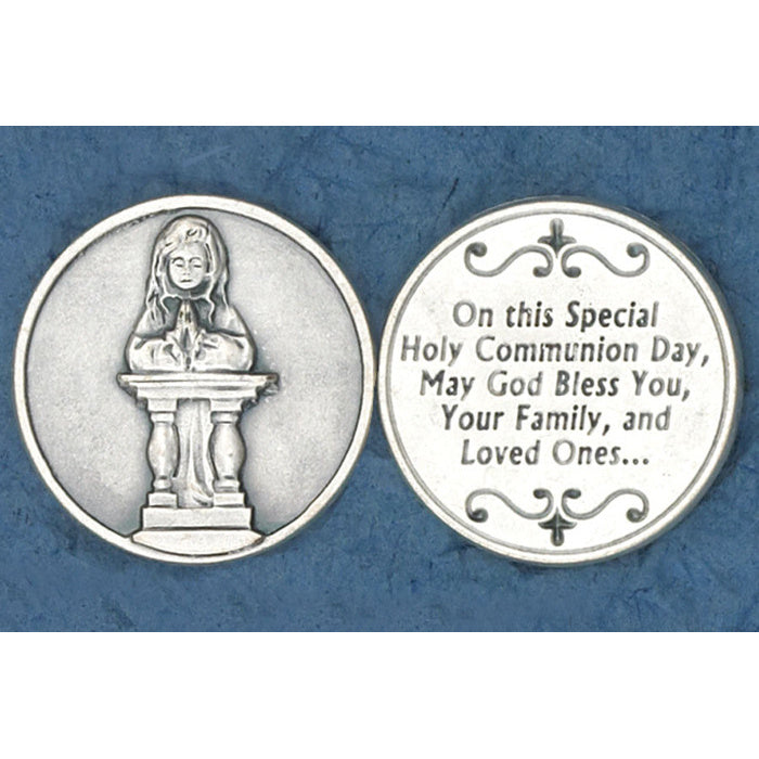 First Communion Girl Kneeling Pocket Token – The Catholic Gift Store